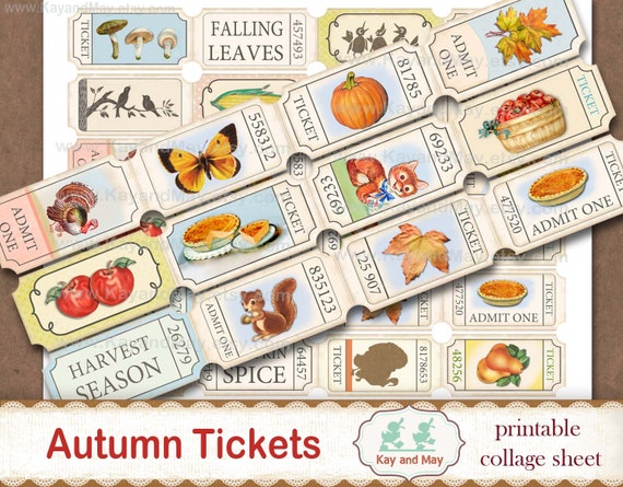 AUTUMN tickets, printable collage sheet of ticket strips, vintage retro ...