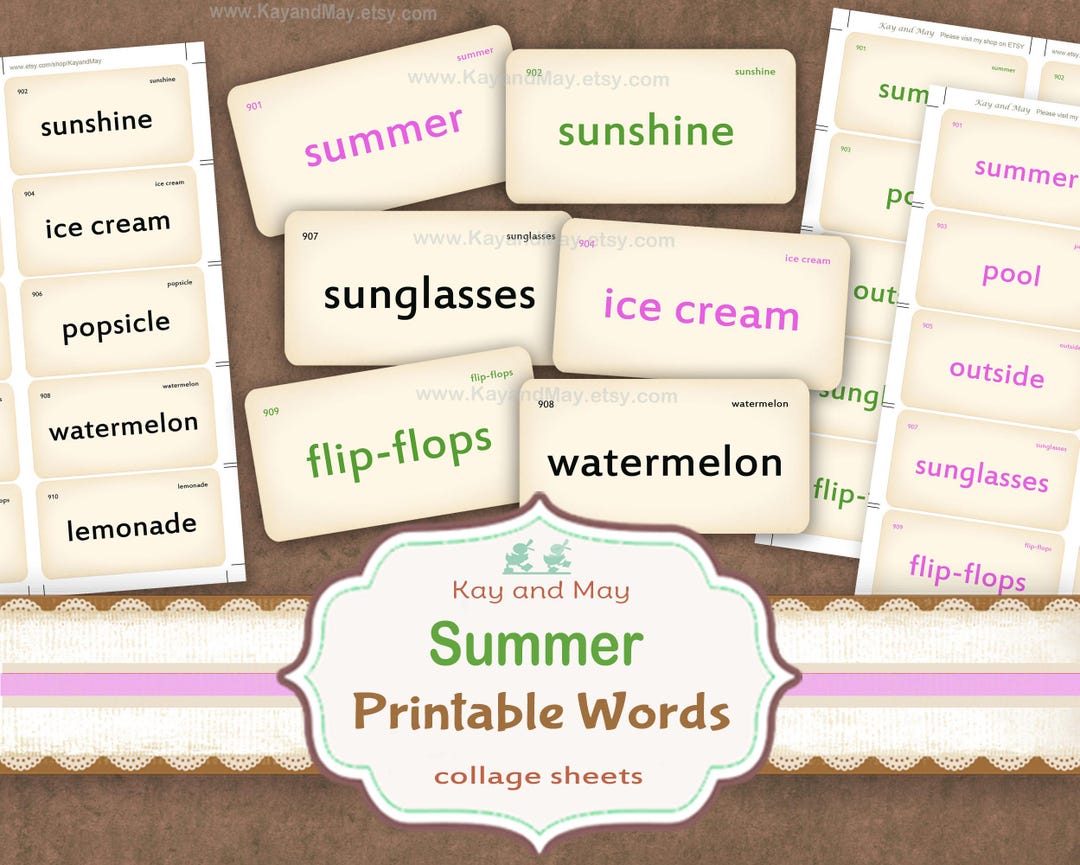 Summer Vocabulary Words Flash Cards Printable Junk Journal Scrapbook ...
