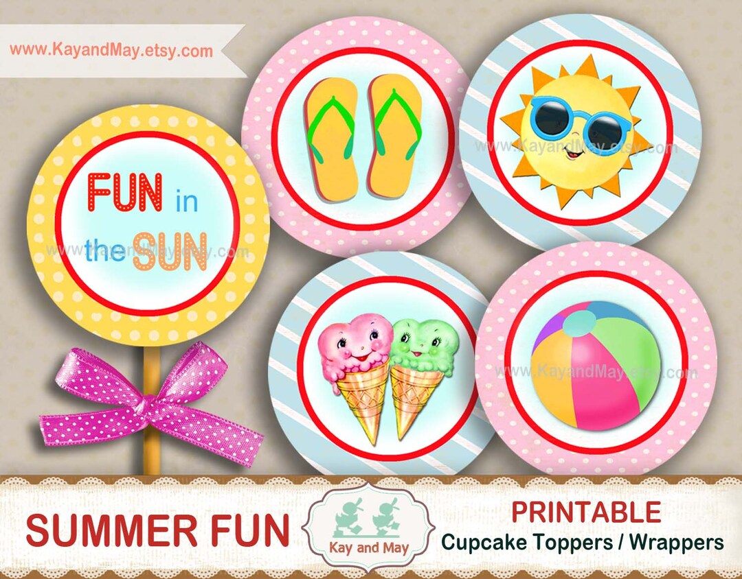 SUMMER Cupcake Toppers, Cupcake Wrappers, Printable Beach Party Toppers ...