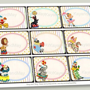 CIRCUS Printable Gift Tags, Cute Retro Circus Theme Labels, Clowns ...