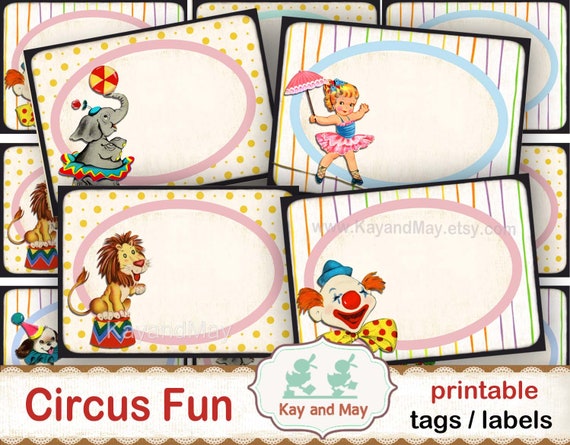 CIRCUS printable gift tags, cute retro circus theme labels, clowns ...