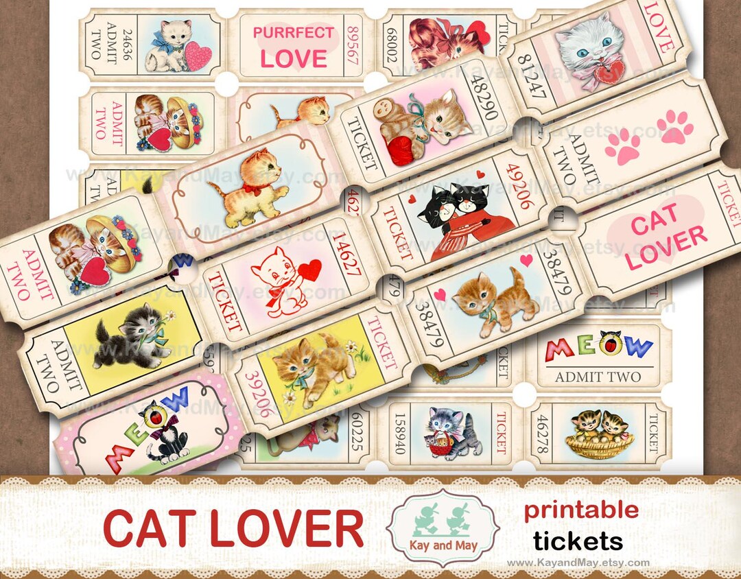 CAT LOVER Printable Collage Sheet of Ticket Strips, Kitten Kitty Theme ...