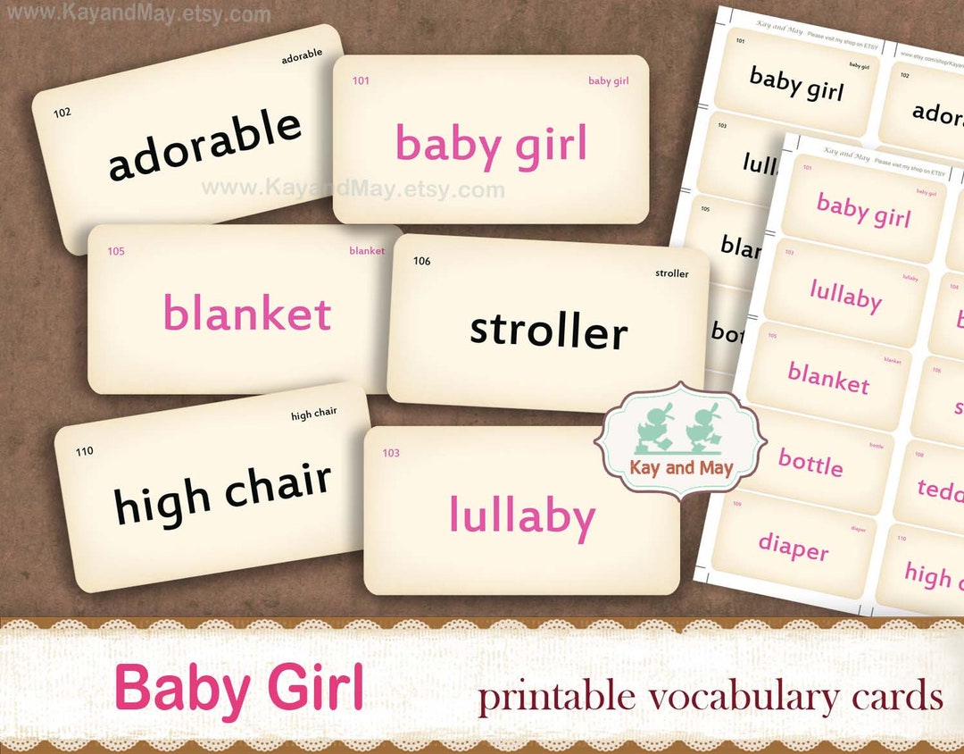 BABY GIRL Vocabulary Flashcard Words, Printable Word Cards, Baby ...