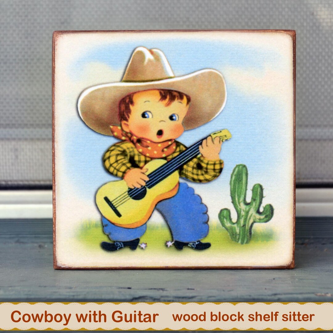 Cowboy With Guitar Shelf Sitter Decor / Retro Western Cowboy Wood Block ...
