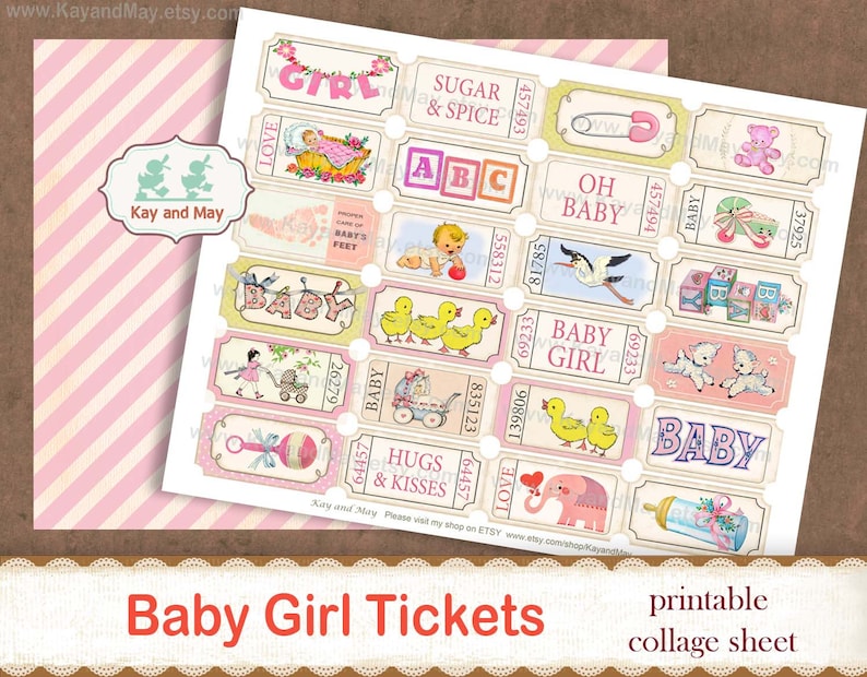 BABY GIRL Tickets Printable Collage Sheet of Ticket Strips - Etsy