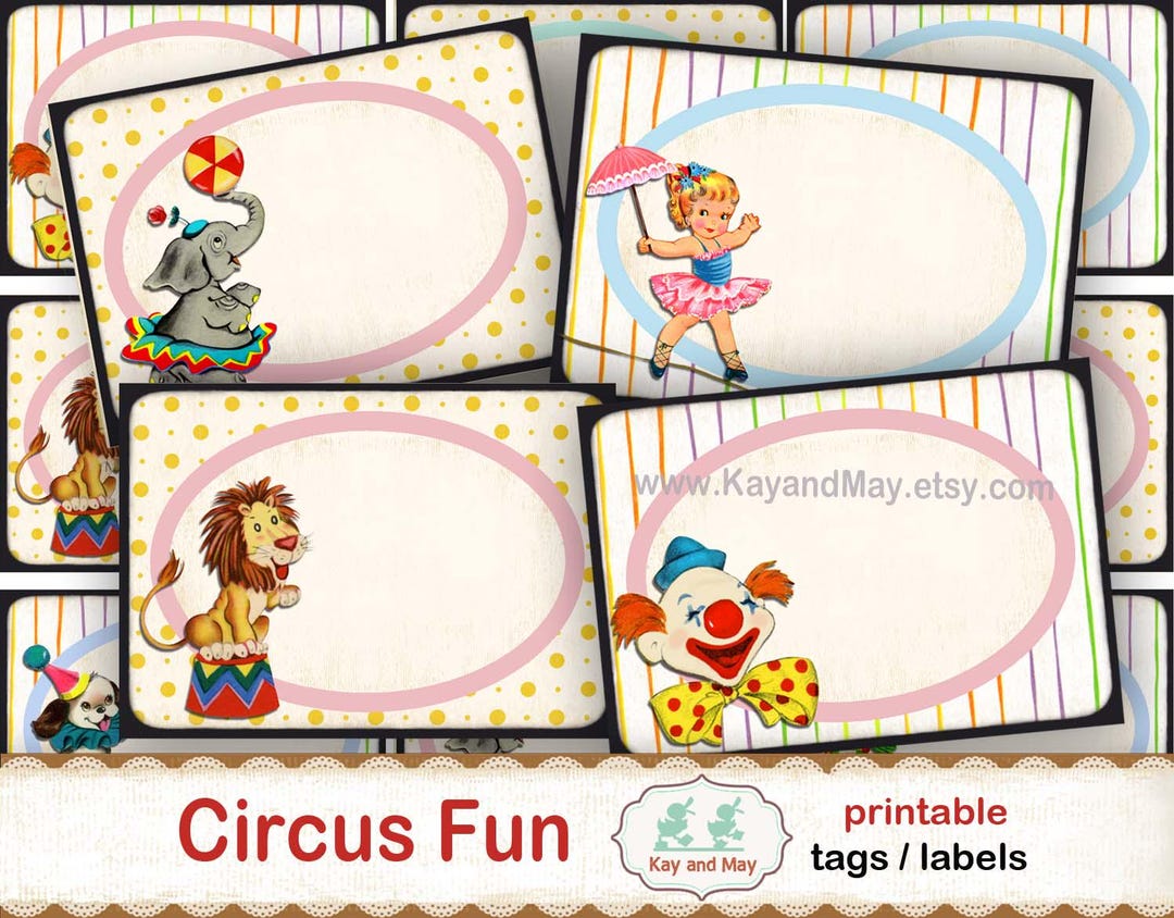 CIRCUS Printable Gift Tags, Cute Retro Circus Theme Labels, Clowns ...