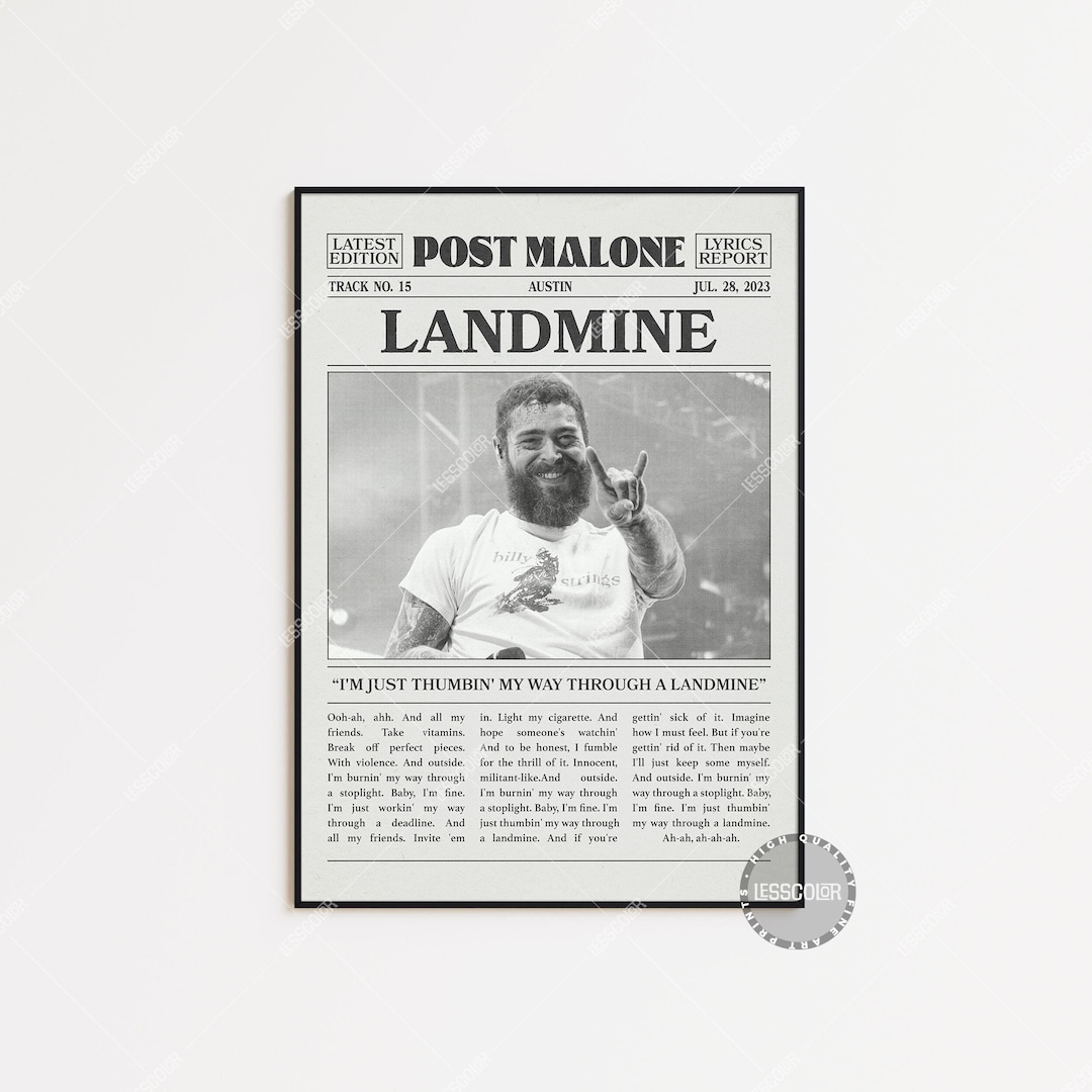 Post Malone Retro Newspaper Print, Landmine Poster, Landmine Lyric ...