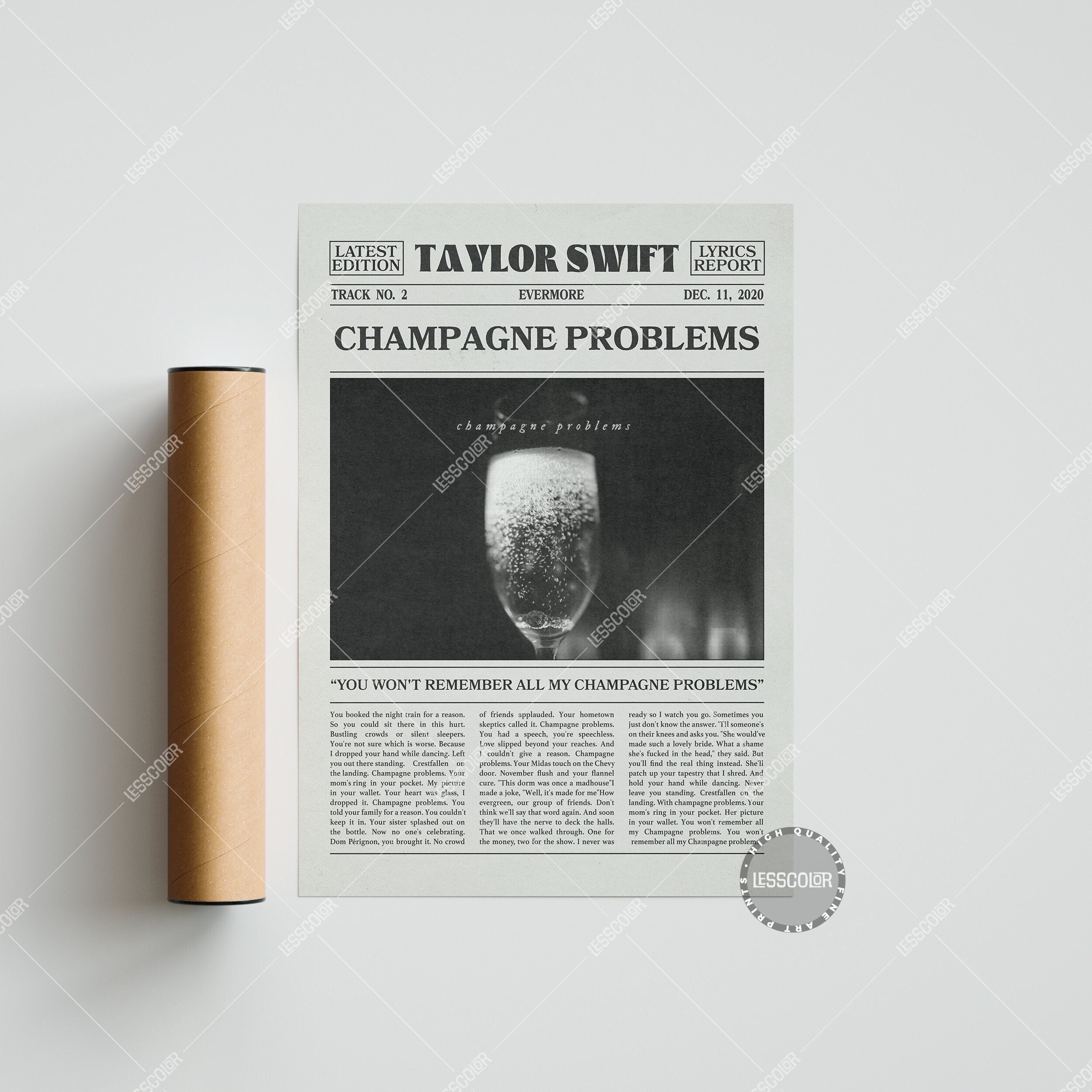 Taylor Swift Retro Newspaper Print, Champagne Problems Poster, Lyrics ...