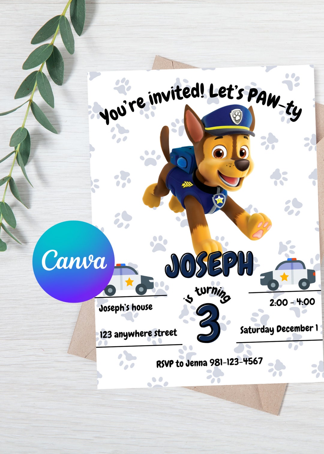 Chase Birthday Invite, Chase Pup Patrol Birthday Invitation, Toddler ...