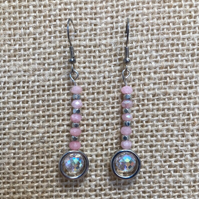 Iridescent Clear Glass and Pink Dangle Earrings Round Clear Glass, Pink ...