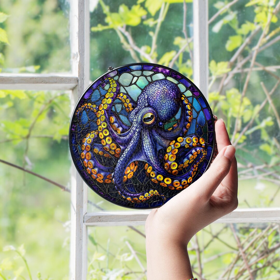 Octopus Stained Glass Suncatcher, Angry Octopus Ocean Window Hanger ...