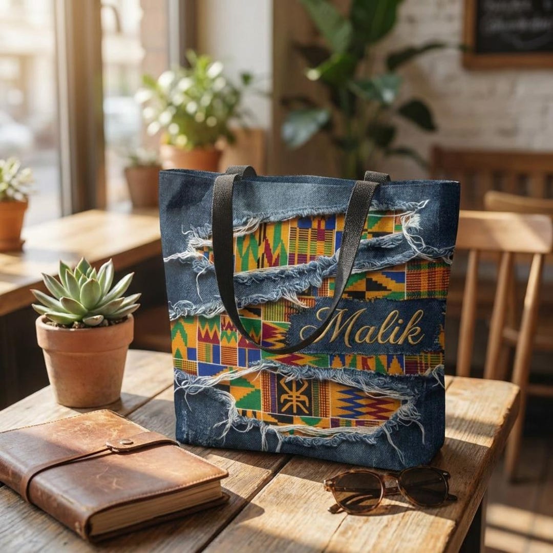 Personalized Kente Pattern Tote Bag Faux Torn Denim Afrocentric Handbag ...