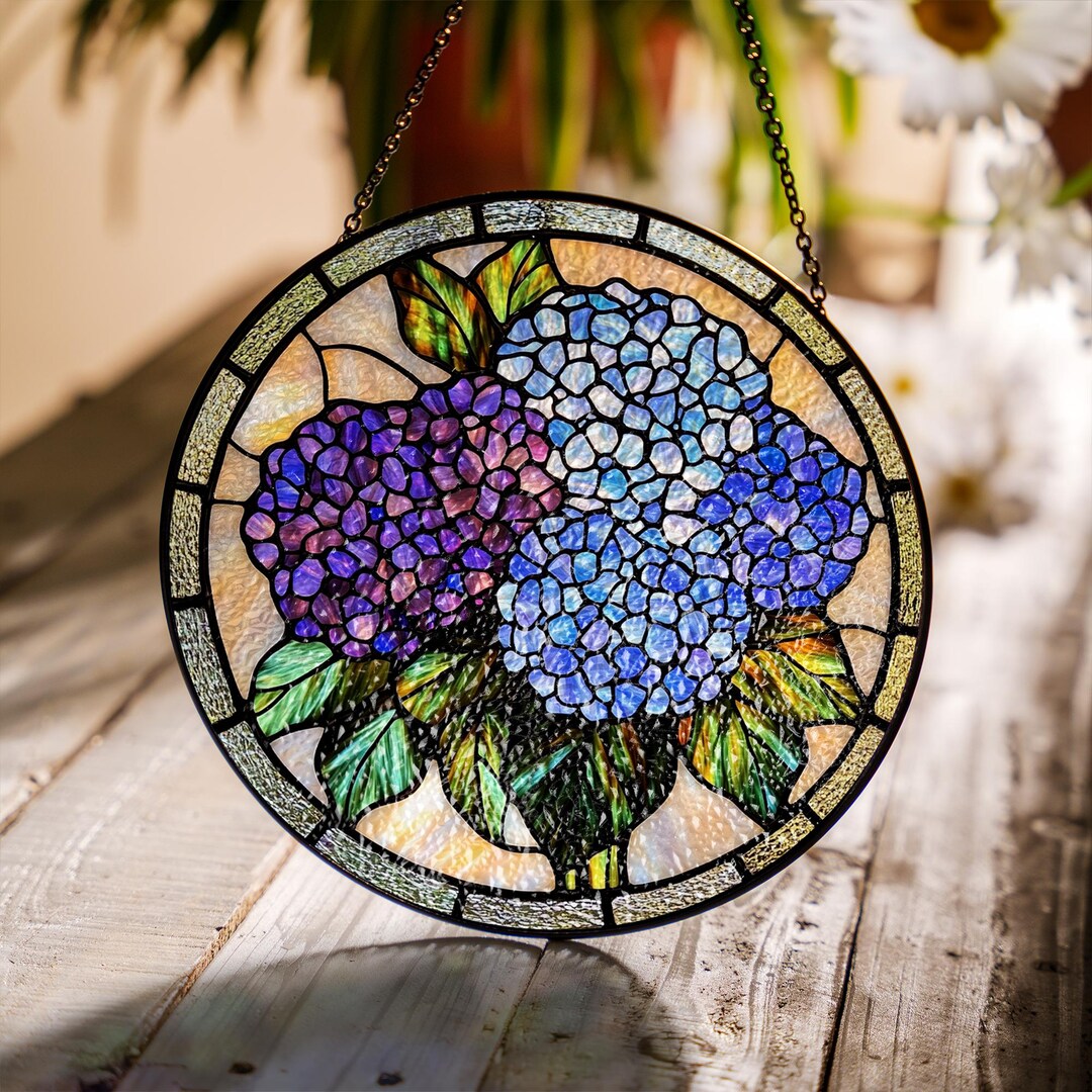 Stained Glass Hydrangea Suncatcher, Hydrangea Glass Windows Hanging ...