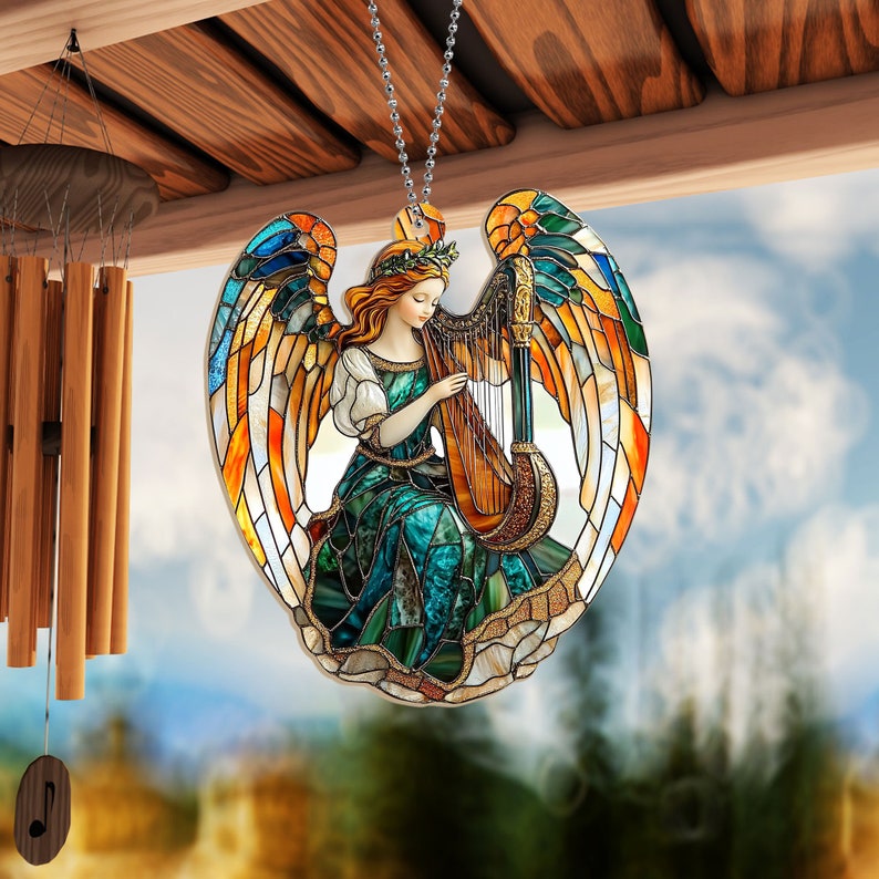 Angel With Harp Christmas Suncatcher, Angel With Harp Window Hanging ...