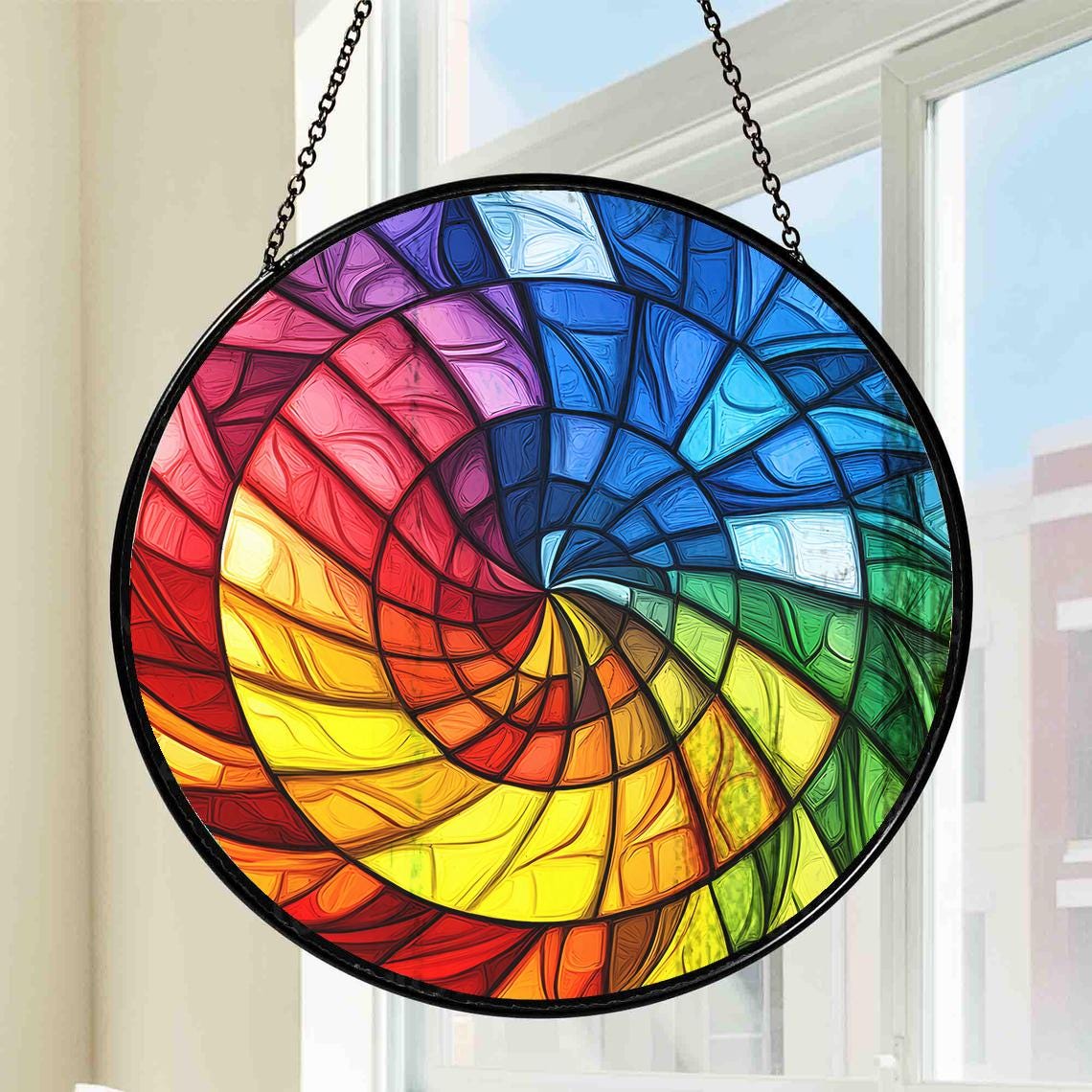 Stained Glass Rainbow Spiral Suncatcher, Rainbow Spiral Windows Hanging ...