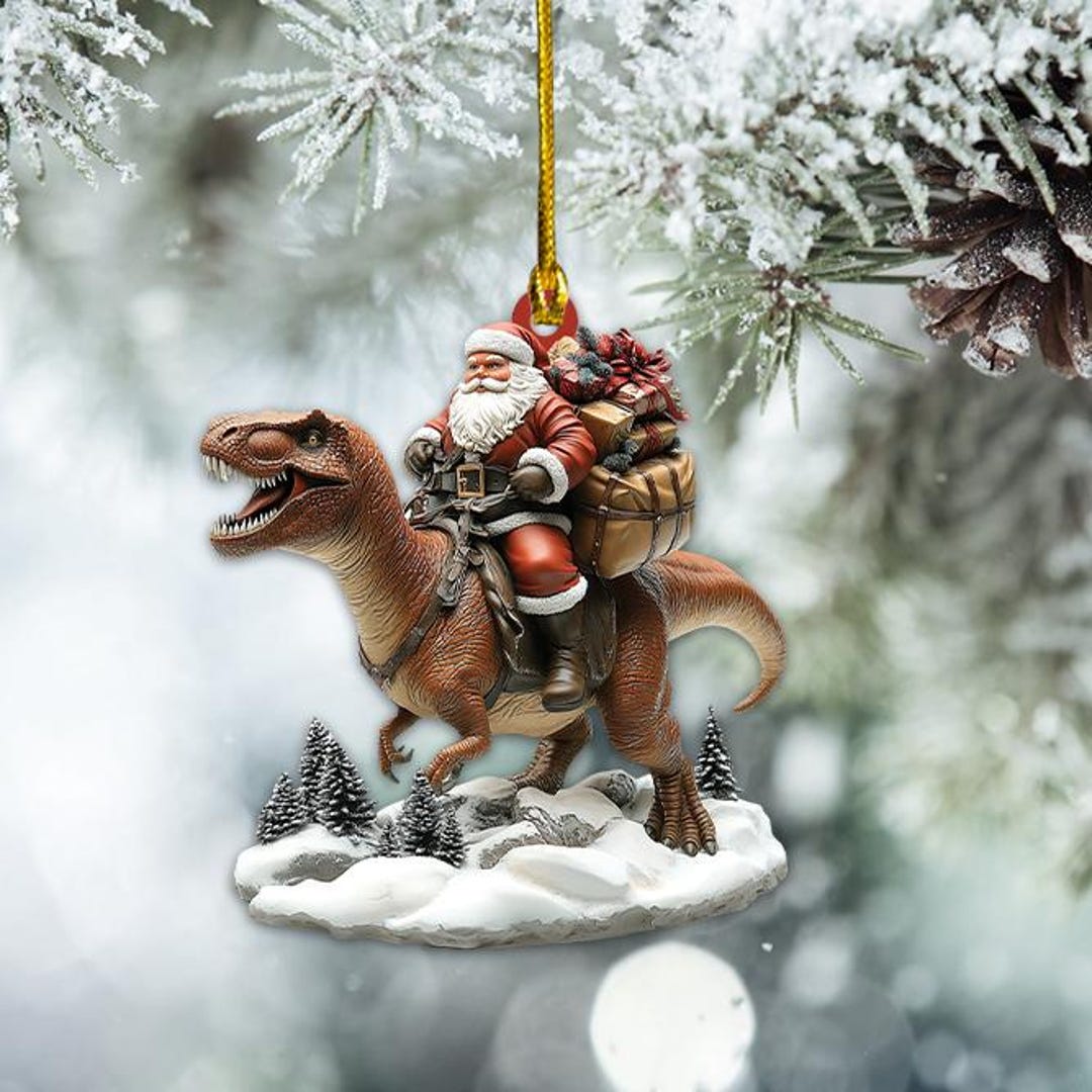 Santa Claus Riding Dinosaur Christmas Ornament, T-rex Ornament ...