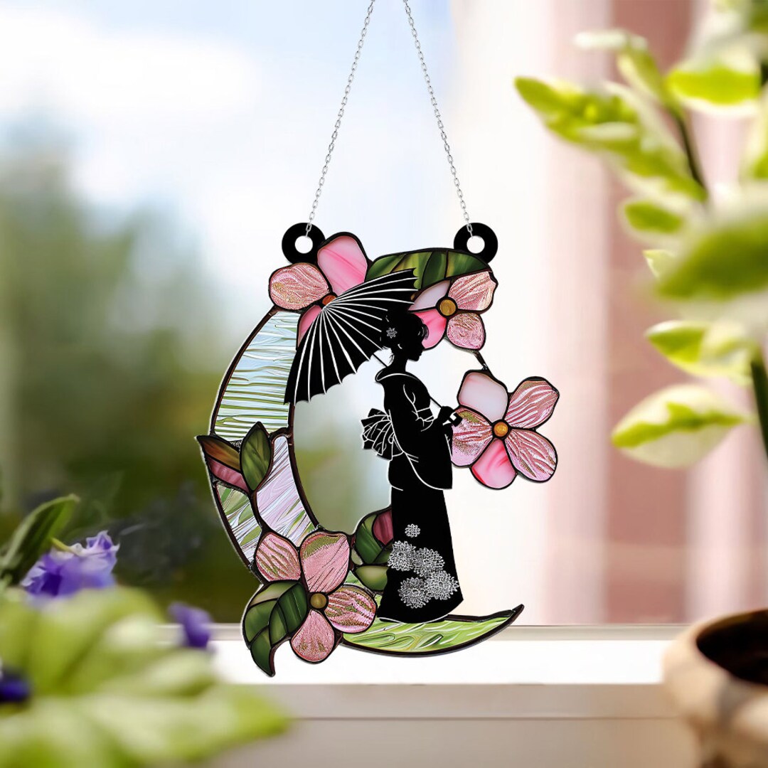 Japanse Girl Suncatcher, Girl on Kimono Window Hanging Decor, Sakura ...