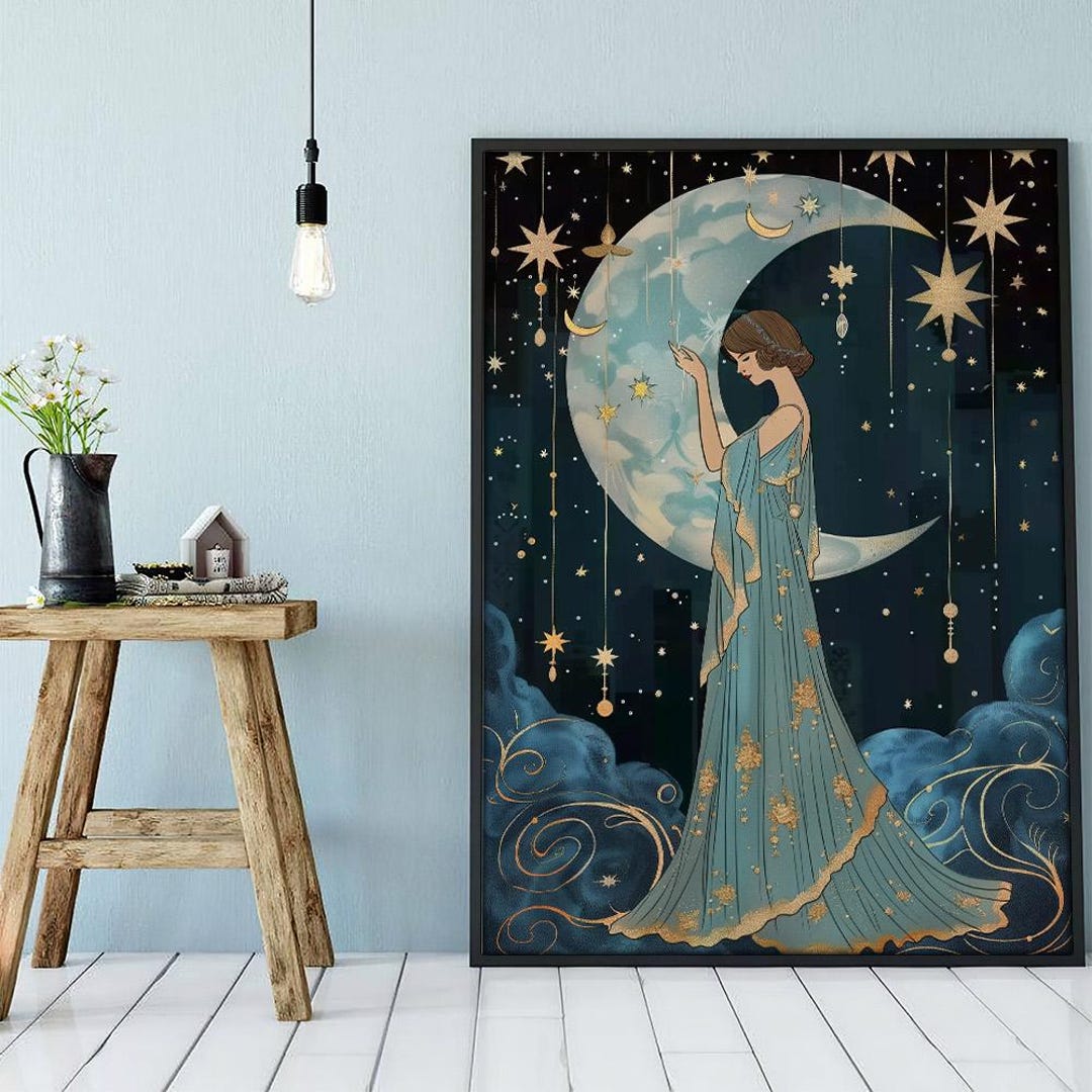 Girl Moon and Stars Poster, Moon Night Sky Wall Art, Night Sky ...