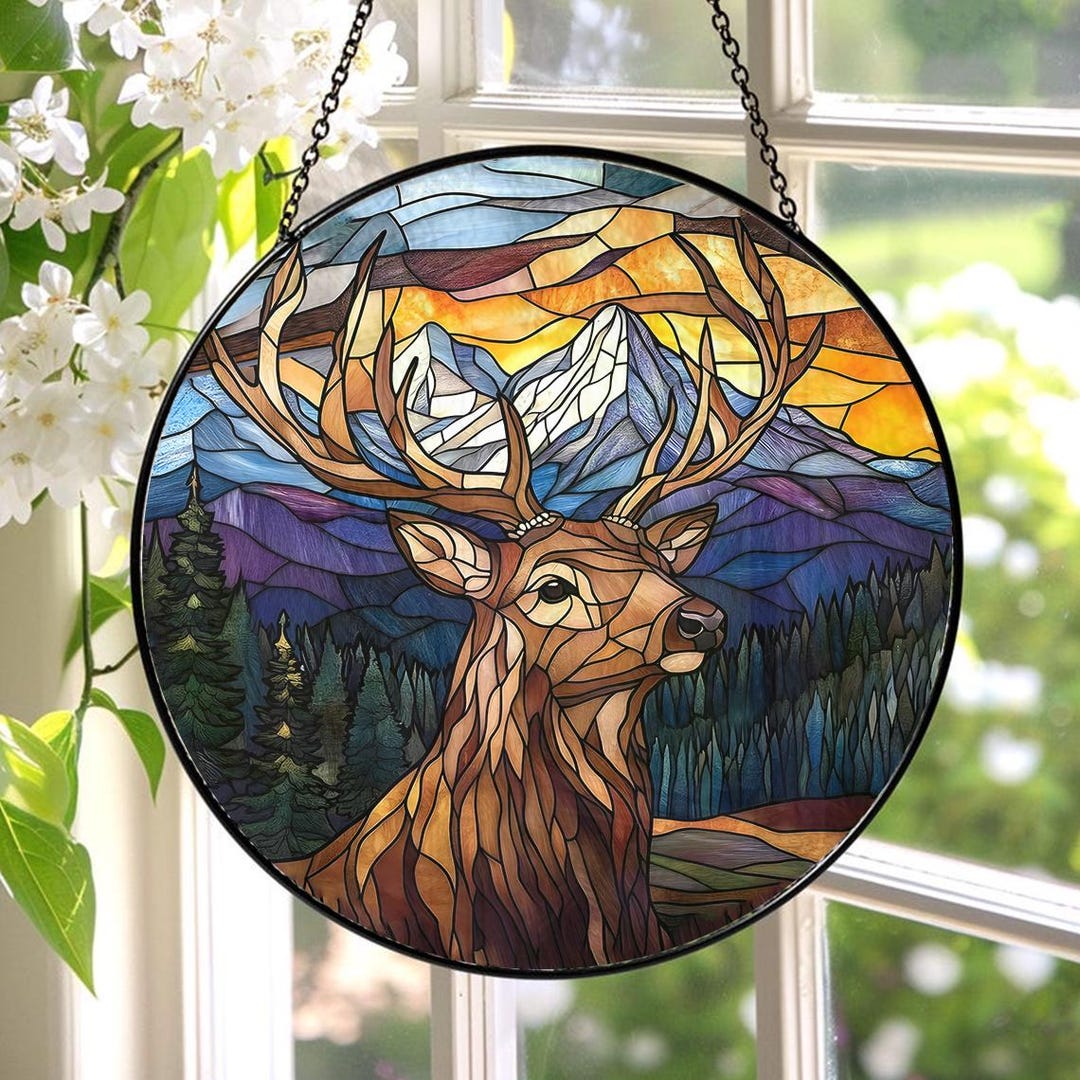 Stained Glass Hunting Deer Suncatcher, Hunting Deer Season Windows Hanging, Wild Deer Light ...