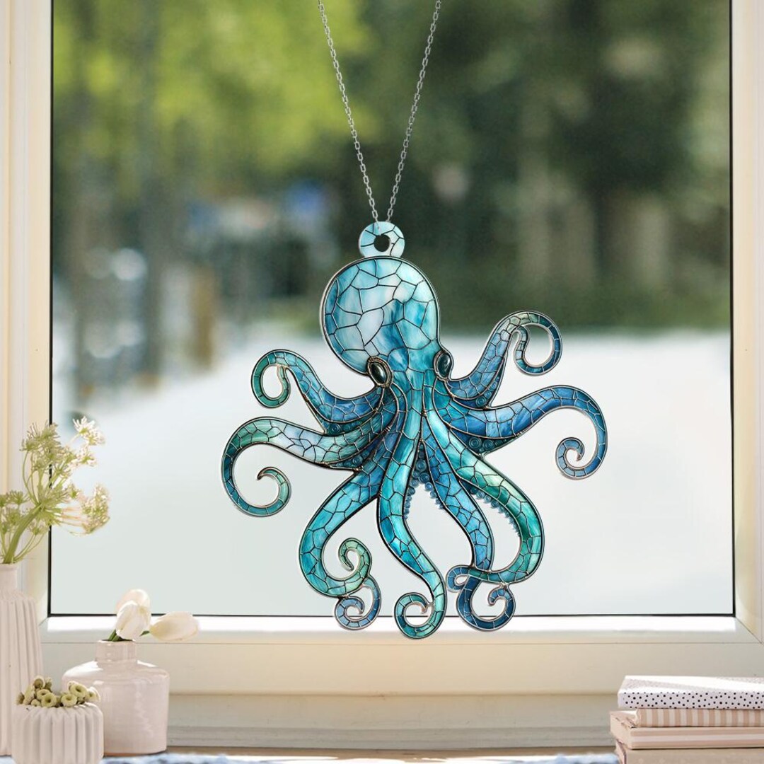 Blue Octopus Suncatcher, Acrylic Octopus Ornament, Ocean Decor, Octopus ...