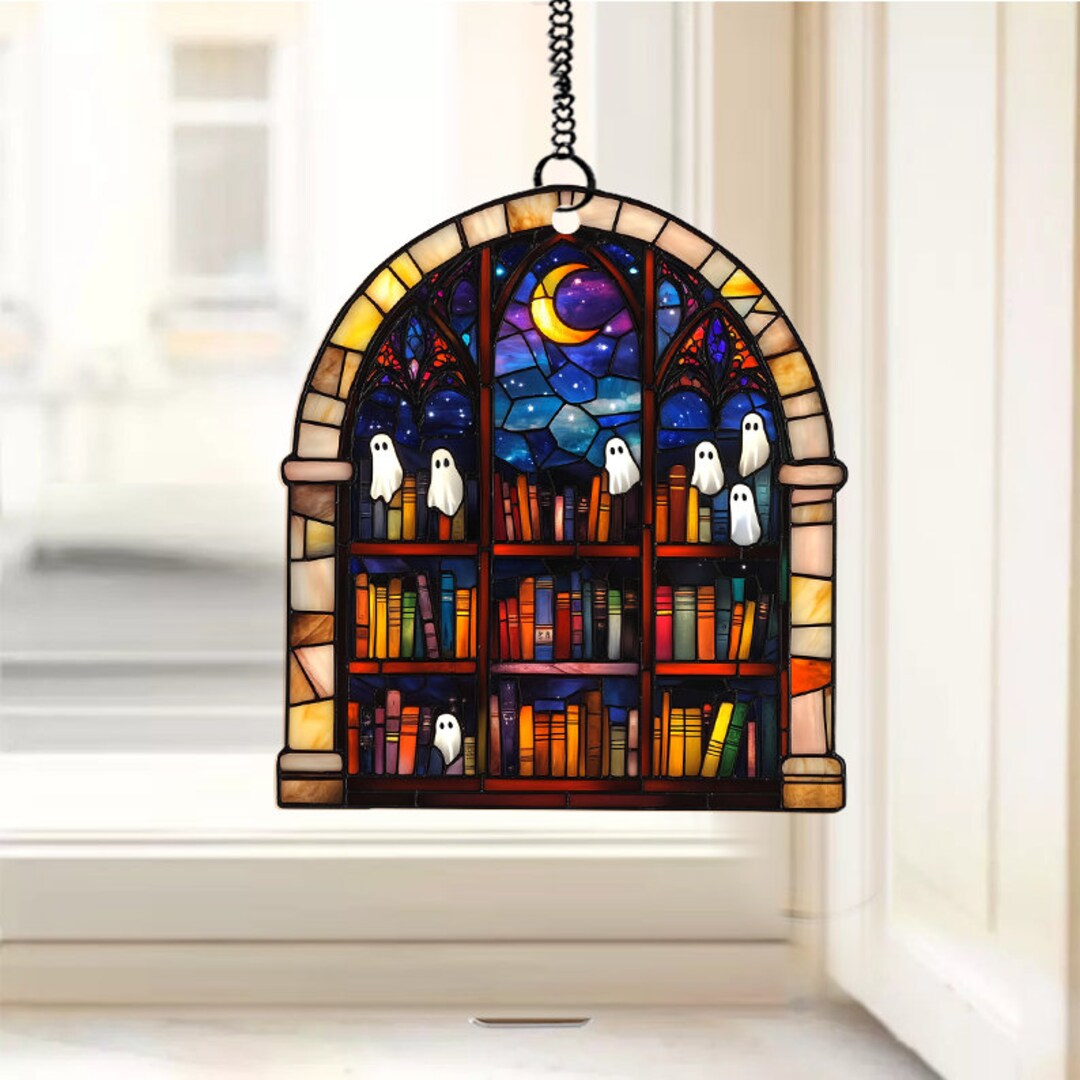 Spooky Ghost in Haunted Library Halloween Suncatcher, Spooky Ghost ...