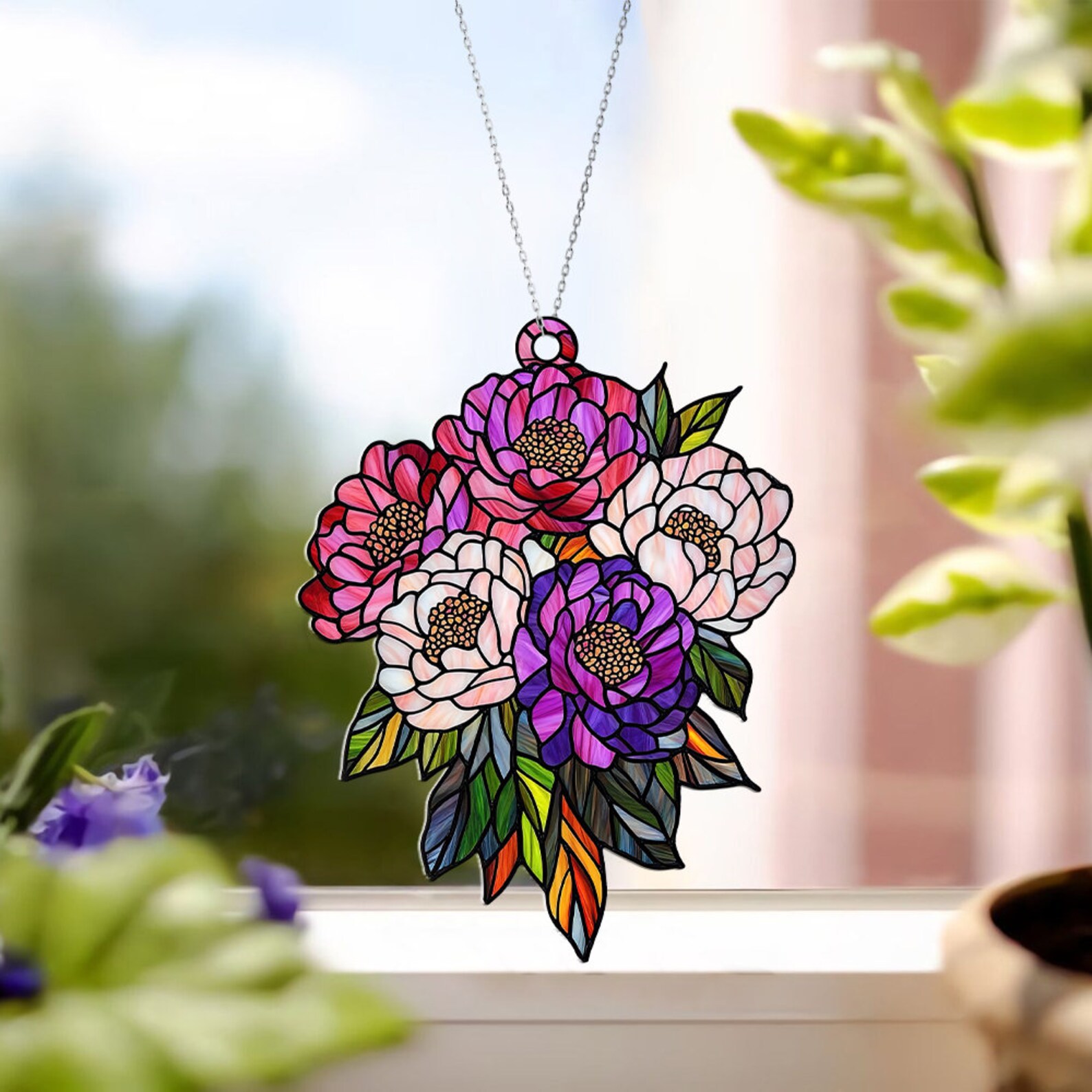 Peonies Flowers Suncatcher, Peonies Sun Light Catcher, Flower Acrylic ...