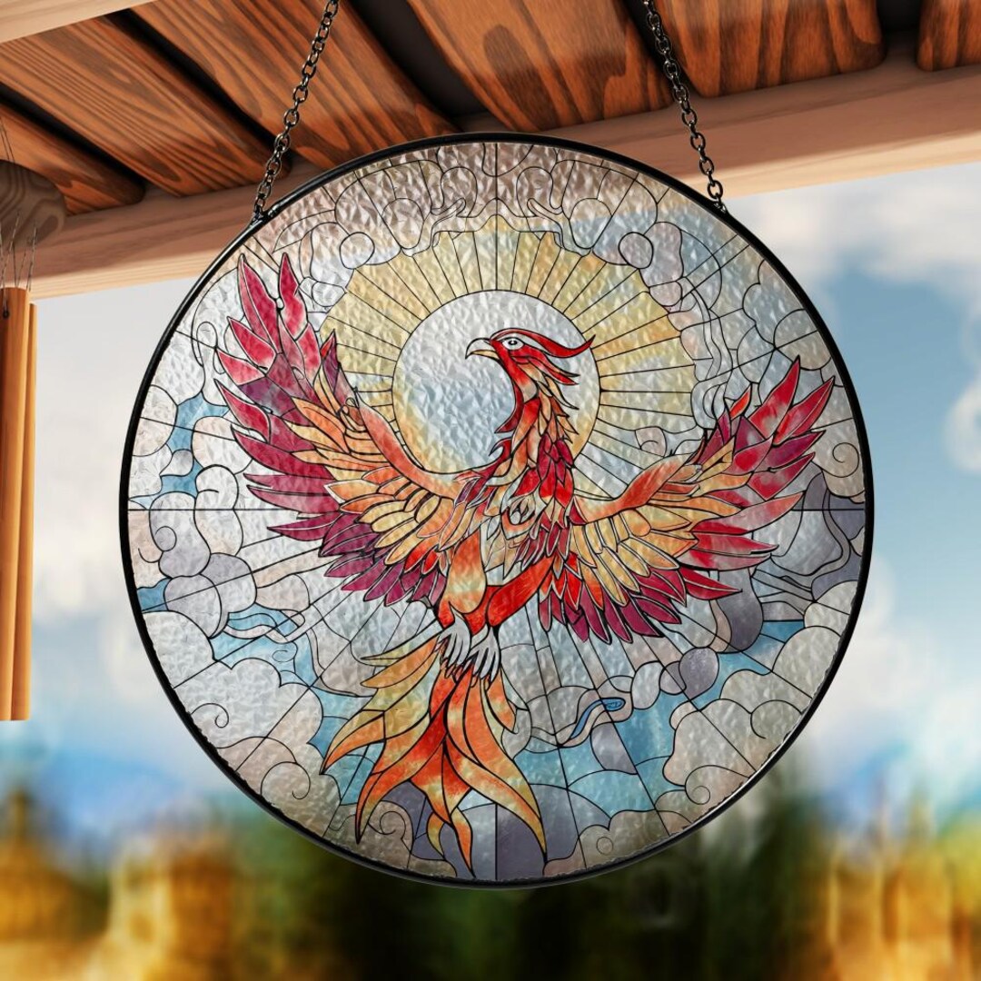 Stained GLASS Phoenix Suncatcher, Phoenix Window Hanging Decor, Phoenix ...