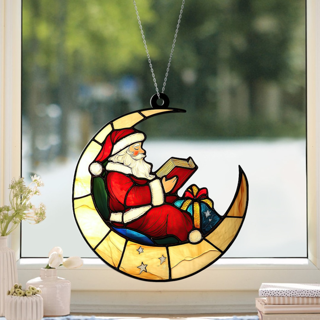 Santa Reading Books on the Moon Suncatcher Ornament, Santa Claus ...