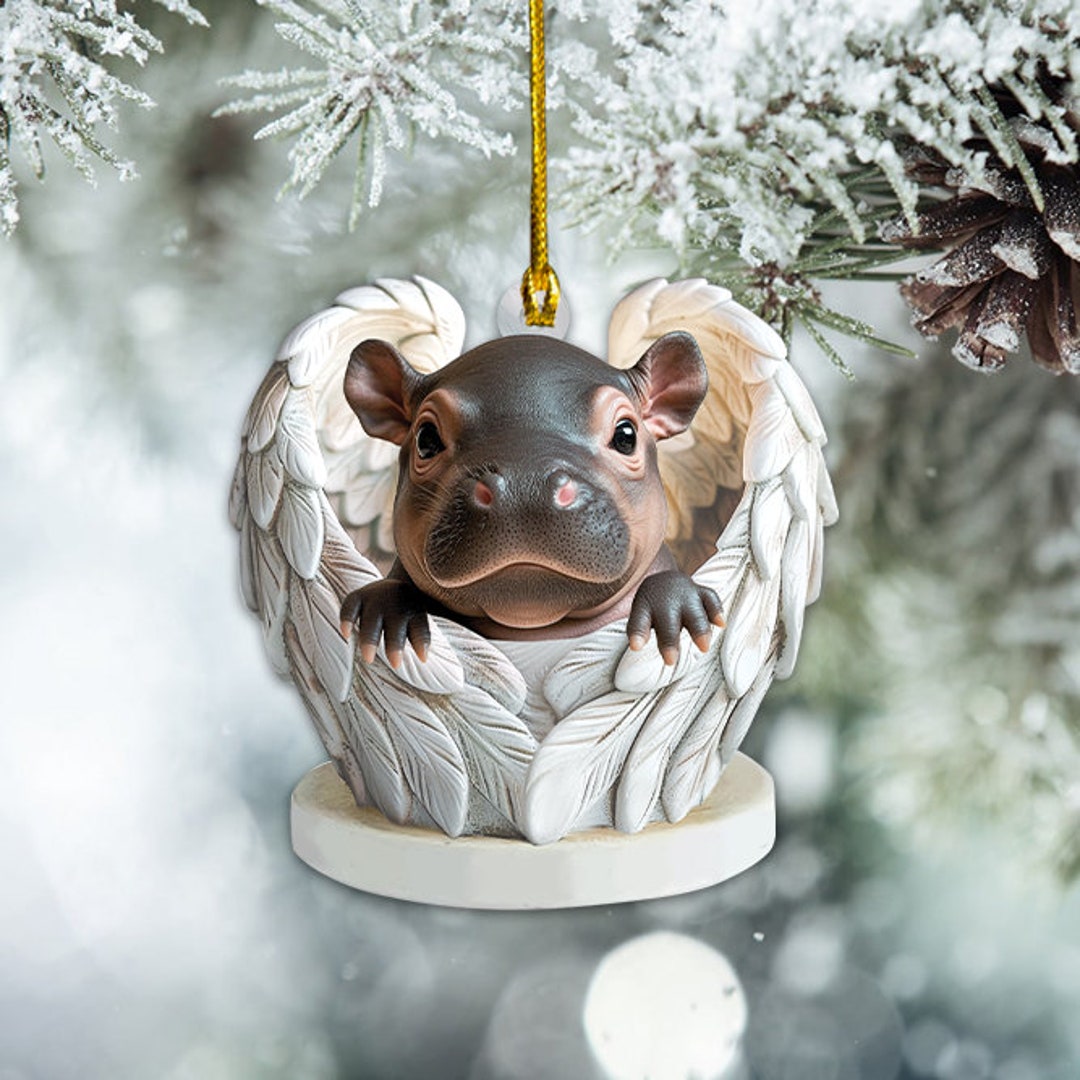 Cute Baby Hippo Moo Deng Flat Ornament, Pygmy Hippo Angel Wings Car ...