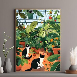 Tuxedo Cats in Greenhouse Poster, Tuxedo Cat Wall Art, Greenhouse Wall ...