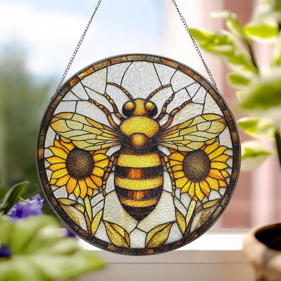 Bee Sunflower Stained Glass Suncatcher, Bumblebee Suncatcher Stained ...