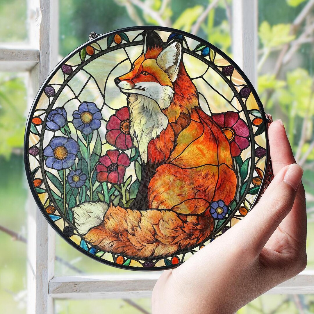 Fox Stained Glass Suncatcher, Wildflower Suncatcher, Fox Ornament, Fox ...