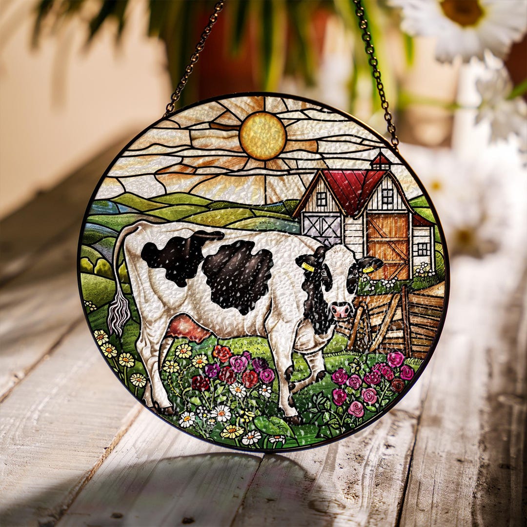 Stained Glass Cow and Barn Suncatcher, Farm Scene Window Decor, Rustic ...