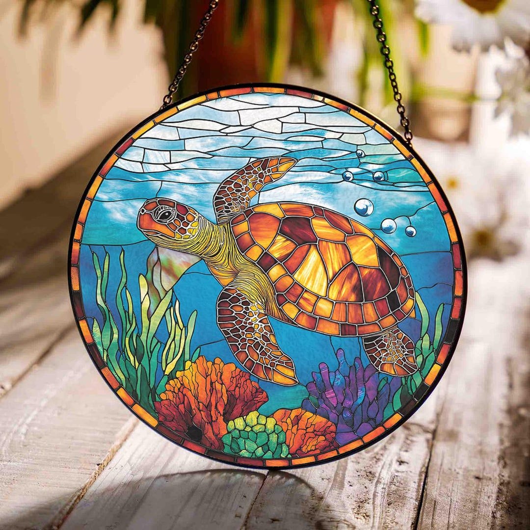 Stained Glass Sea Turtle Suncatcher, Sea Turtle Windows Hanging ...