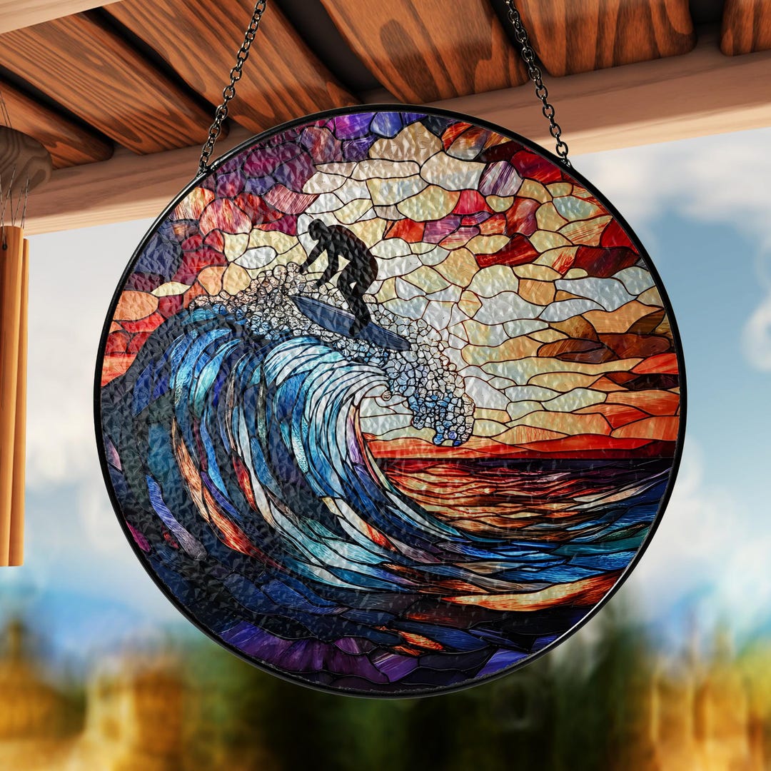 Stained Glass Surfing Suncatcher, Surfing Beach Sunset Windows Hanging ...