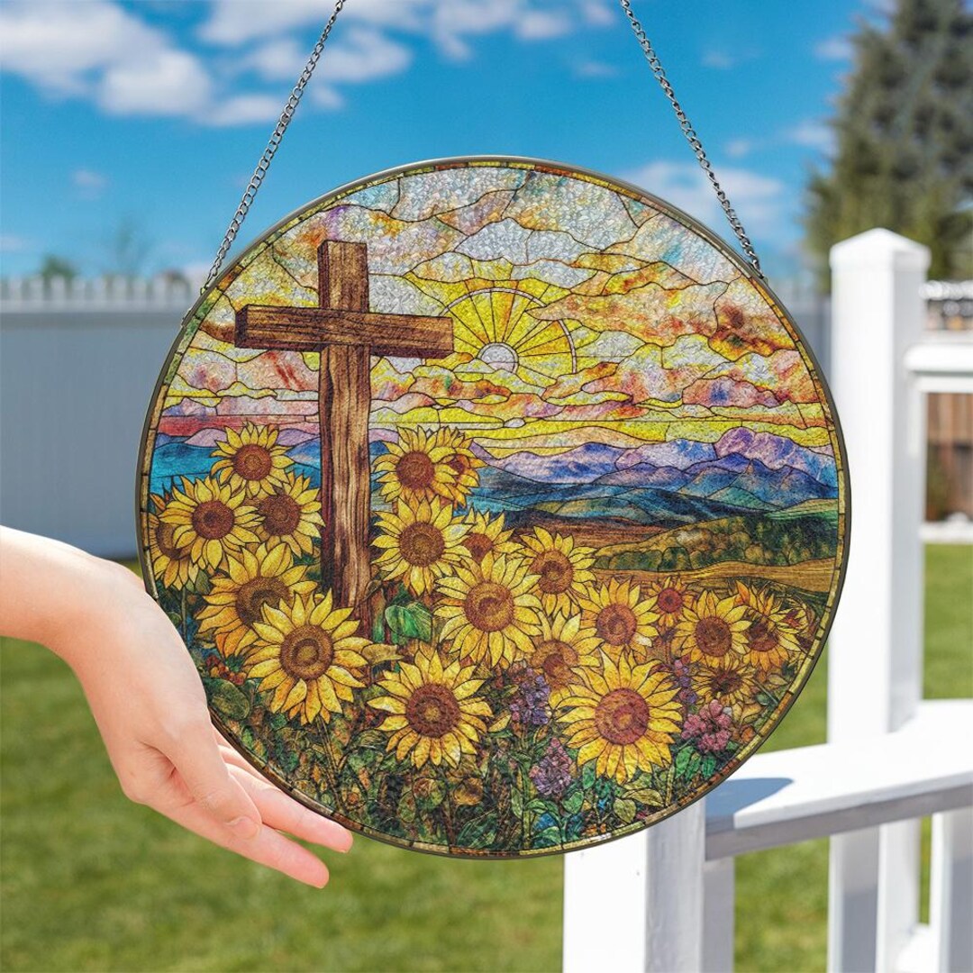 Sunflower and Cross Suncatcher, Stained Glass Not Acrylic Suncatcher ...