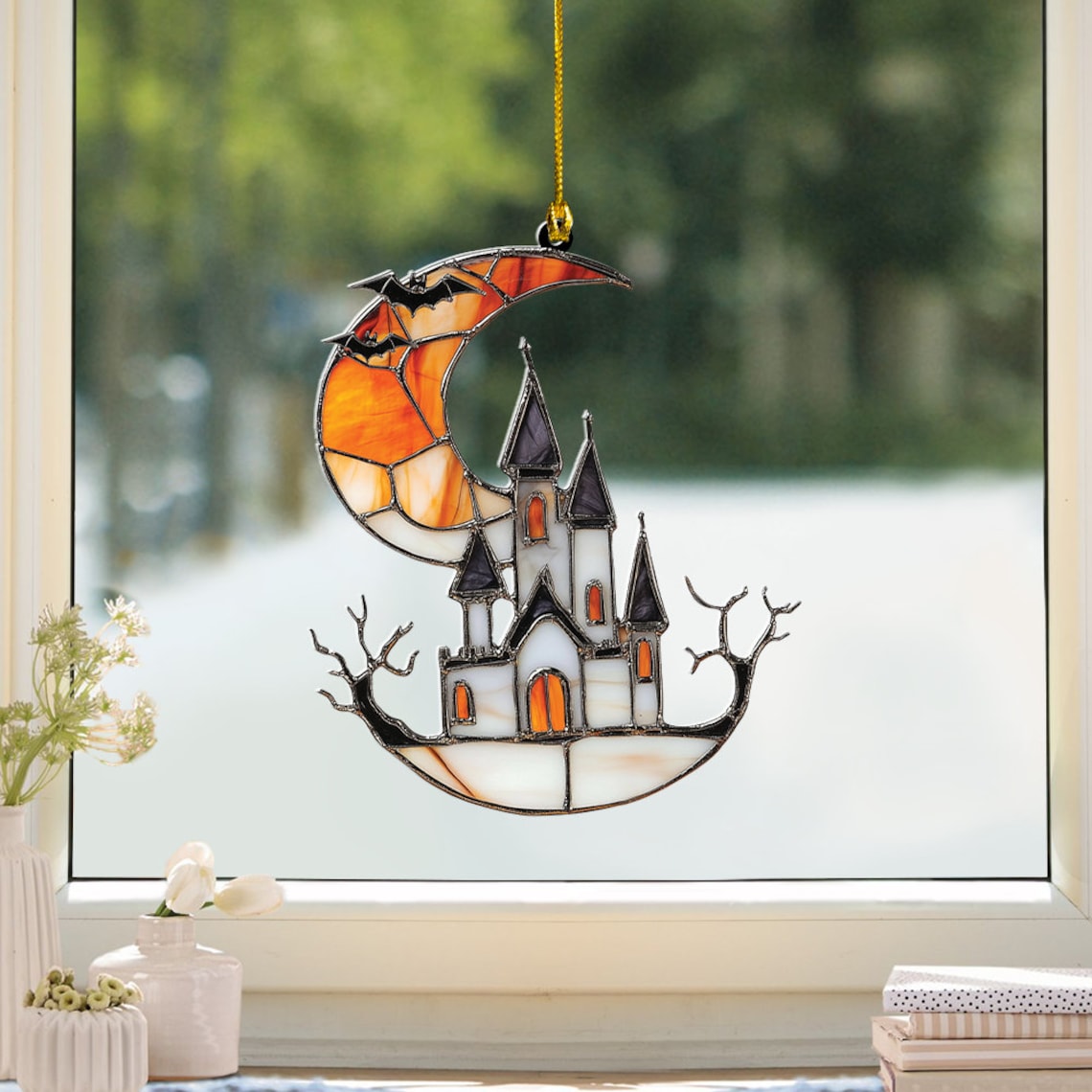 Castle and Moon Suncatcher Ornament, Halloween Suncatcher Ornament ...
