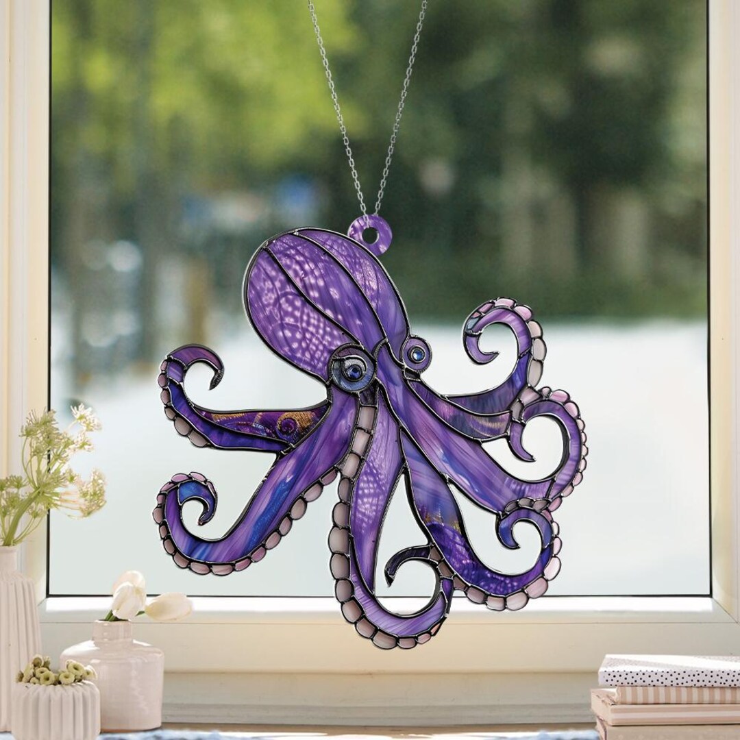 Octopus Suncatcher, Acrylic Purple Octopus Ornament, Ocean Decor ...