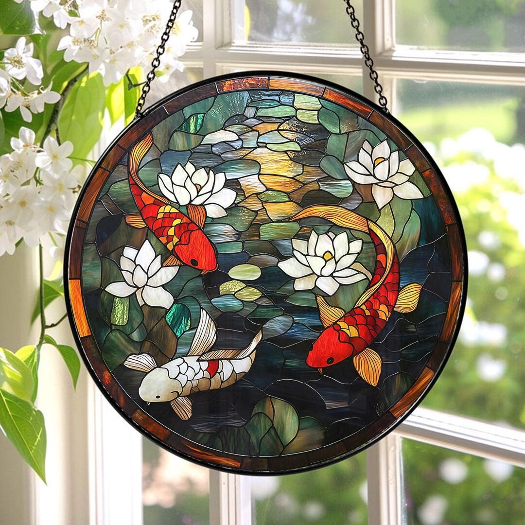 Stained Glass Koi Fish Suncatcher, Koi Fish Windows Hanging, Japan Koi ...