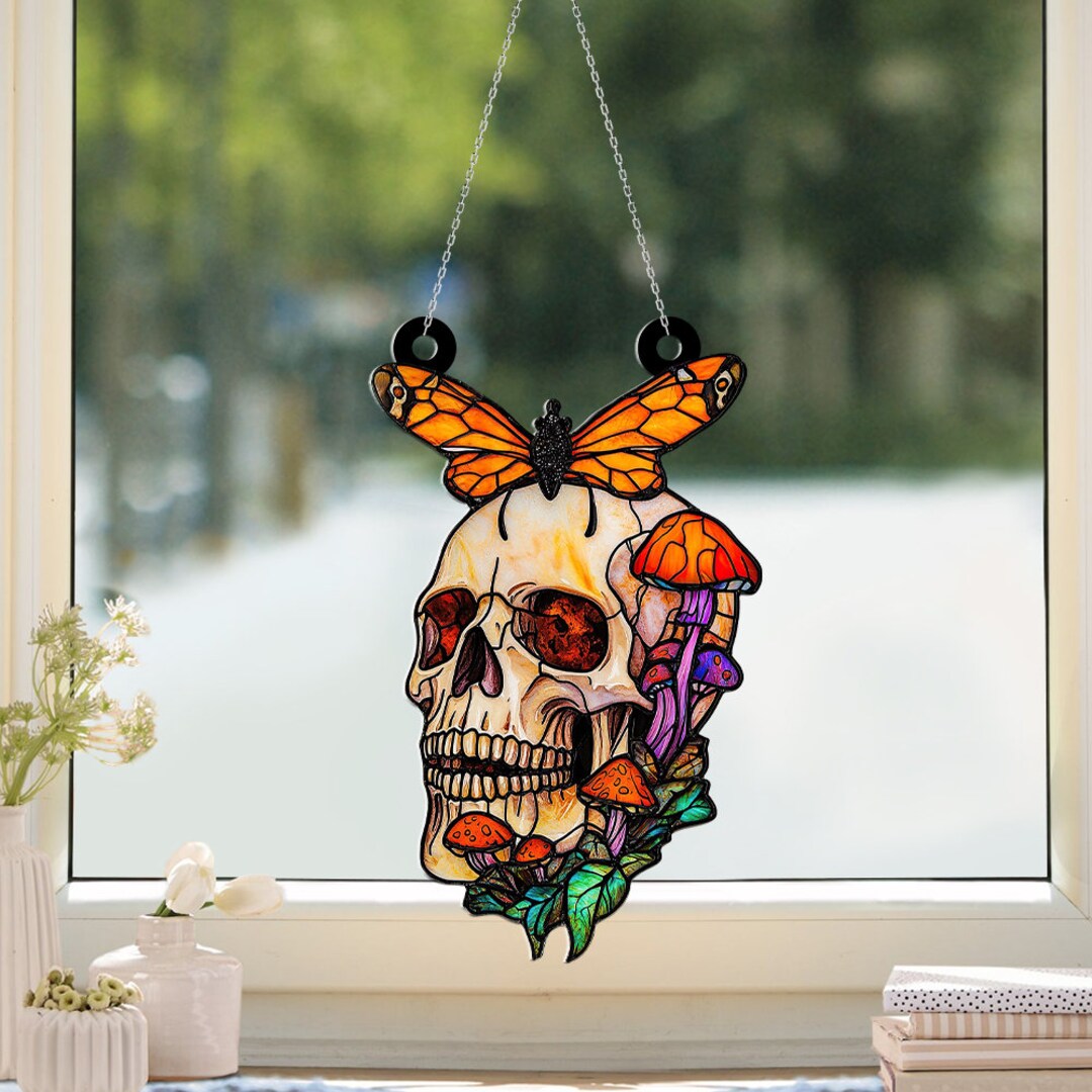 Wild Mushroom Skull Suncatcher Ornament, Wild Mushroom Suncatcher Decor ...