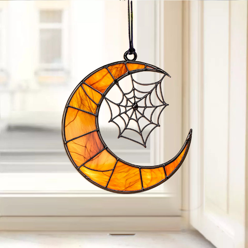 Moon Crest and Spider Web Halloween Suncatcher Ornament, Moon Crest and ...