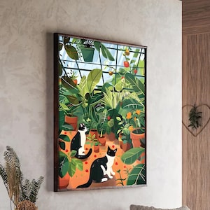 Tuxedo Cats in Greenhouse Poster, Tuxedo Cat Wall Art, Greenhouse Wall ...
