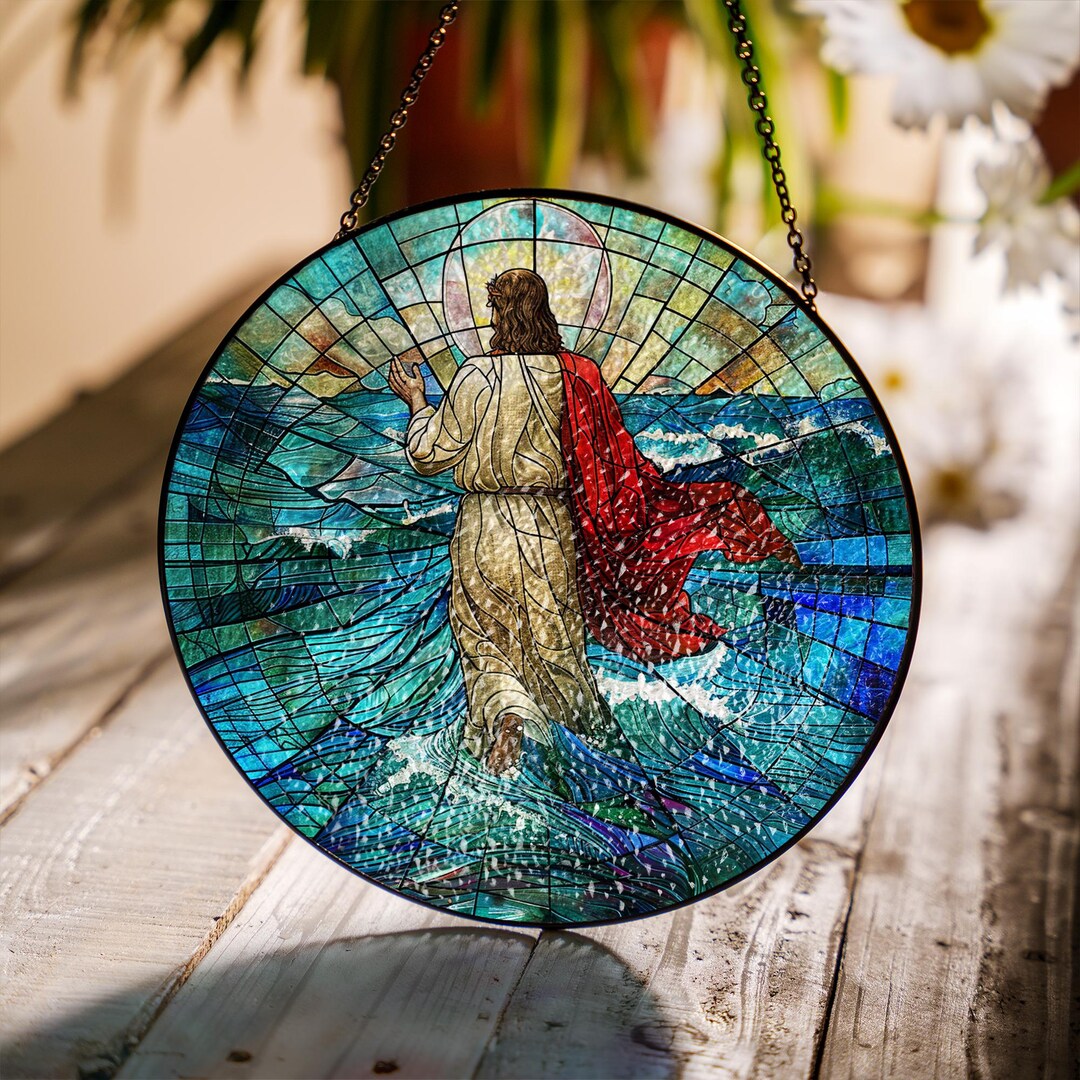 Jesus Glass Suncatcher, Jesus Walk by Faith, Coastal Sunrise Design ...