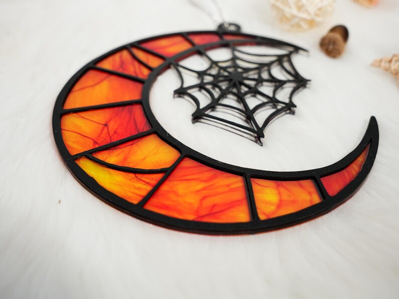 Moon Crest and Spider Web Halloween Suncatcher Ornament, Moon Crest and ...