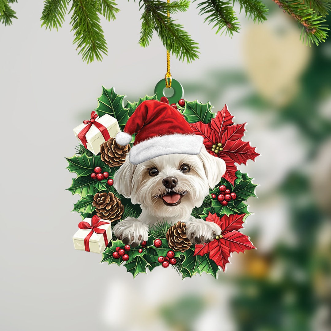 Maltese Dog Christmas Wreath Ornament, Maltese Dog Christmas Ornament ...