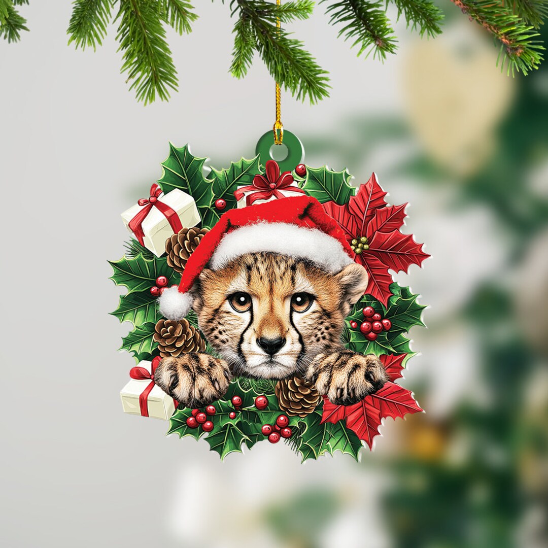 Cheetah Christmas Wreath Ornament, Cheetah Christmas Ornament, Cheetah ...