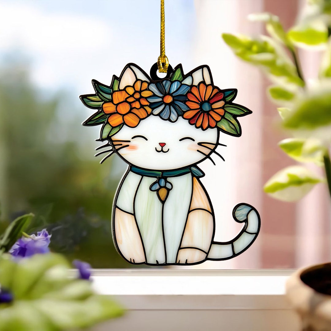 Kitty With Floral Crown Suncatcher, Kitty Window Hanging Decor, Kitty ...