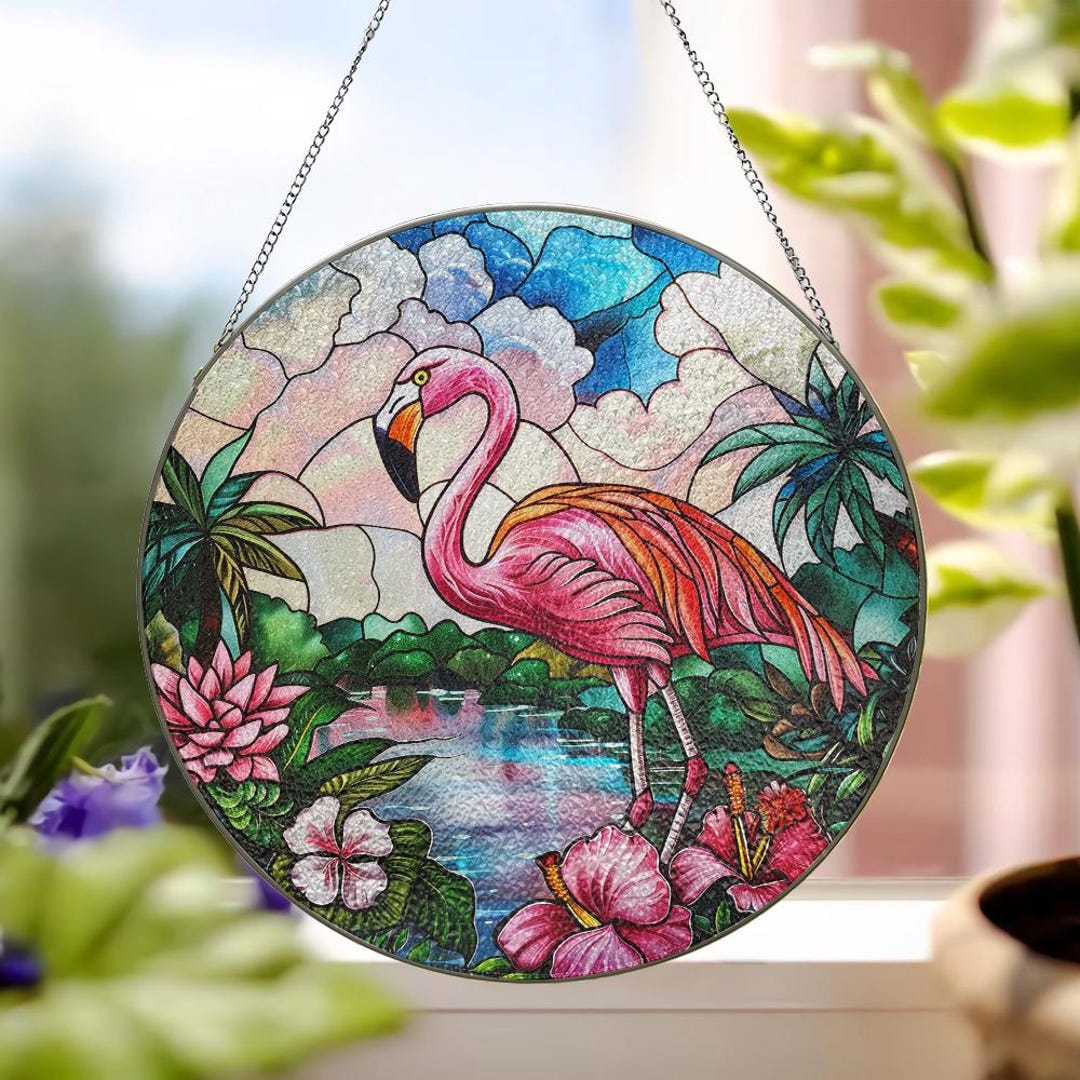 Flamingo Stained Glass Suncatcher, Flamingo Window Hanging Decor ...