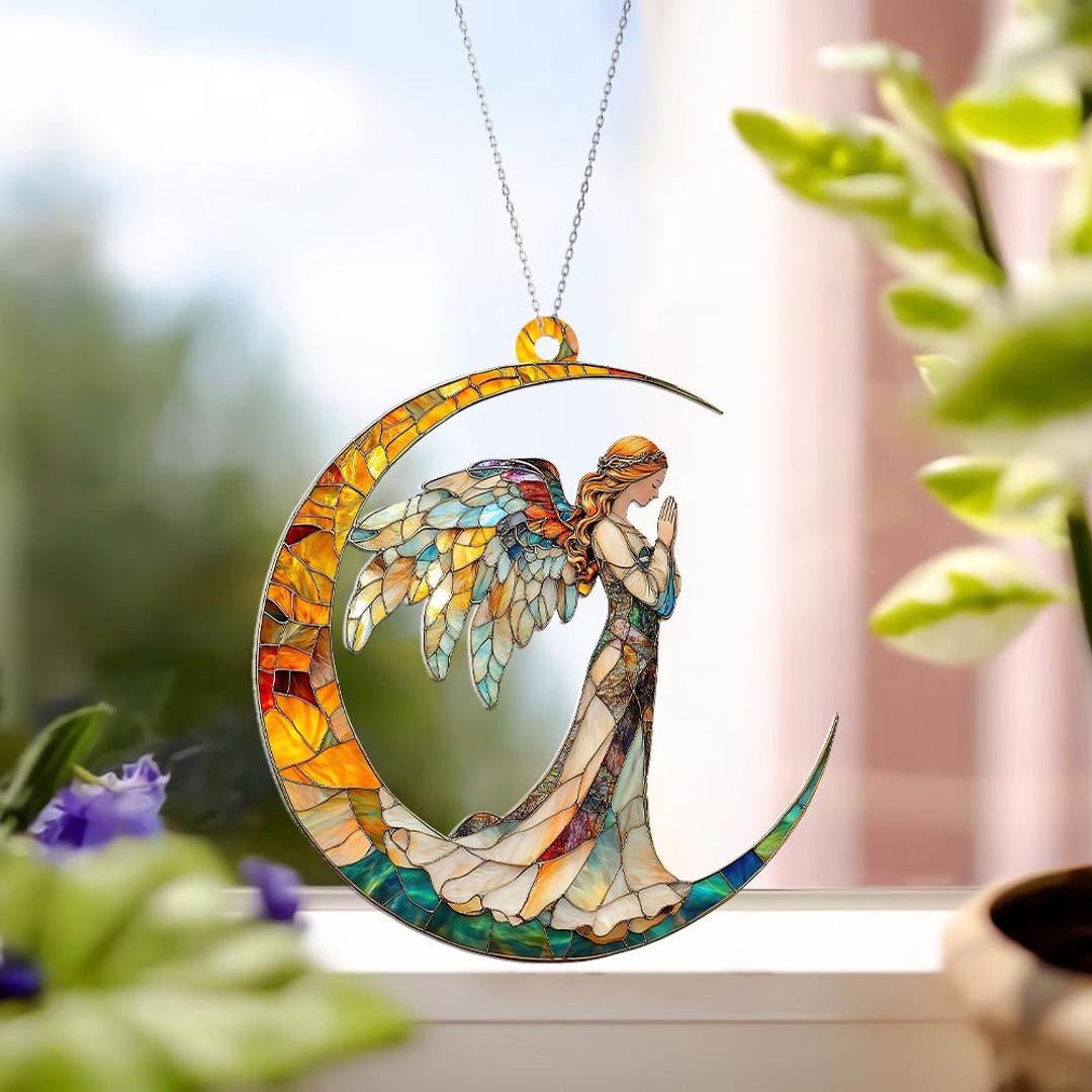 Angel With Moon Christmas Suncatcher, Angel With Moon Window Hanging ...