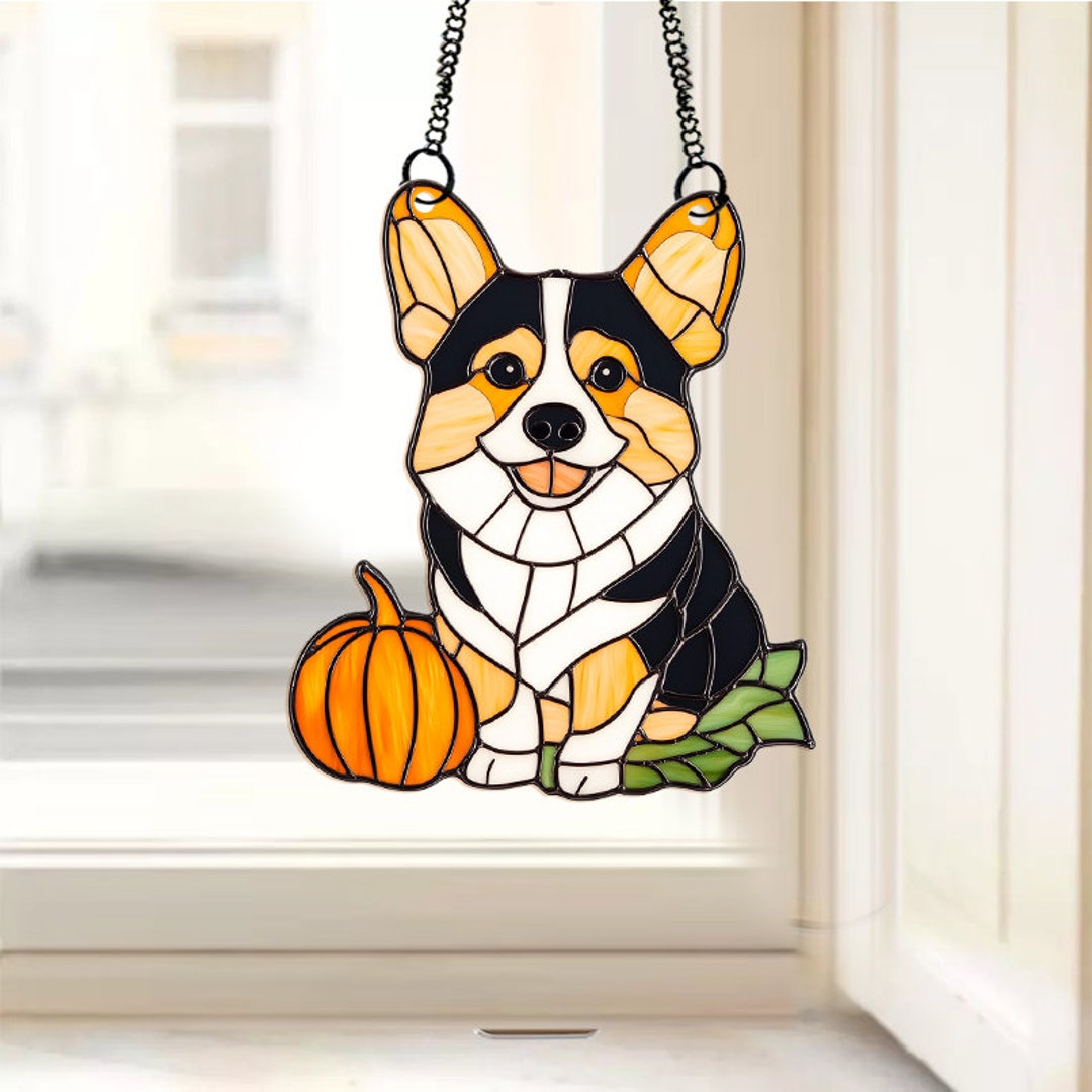 Cute Corgi Dog With Pumpkin Halloween Suncatcher, Corgi Dog Window ...